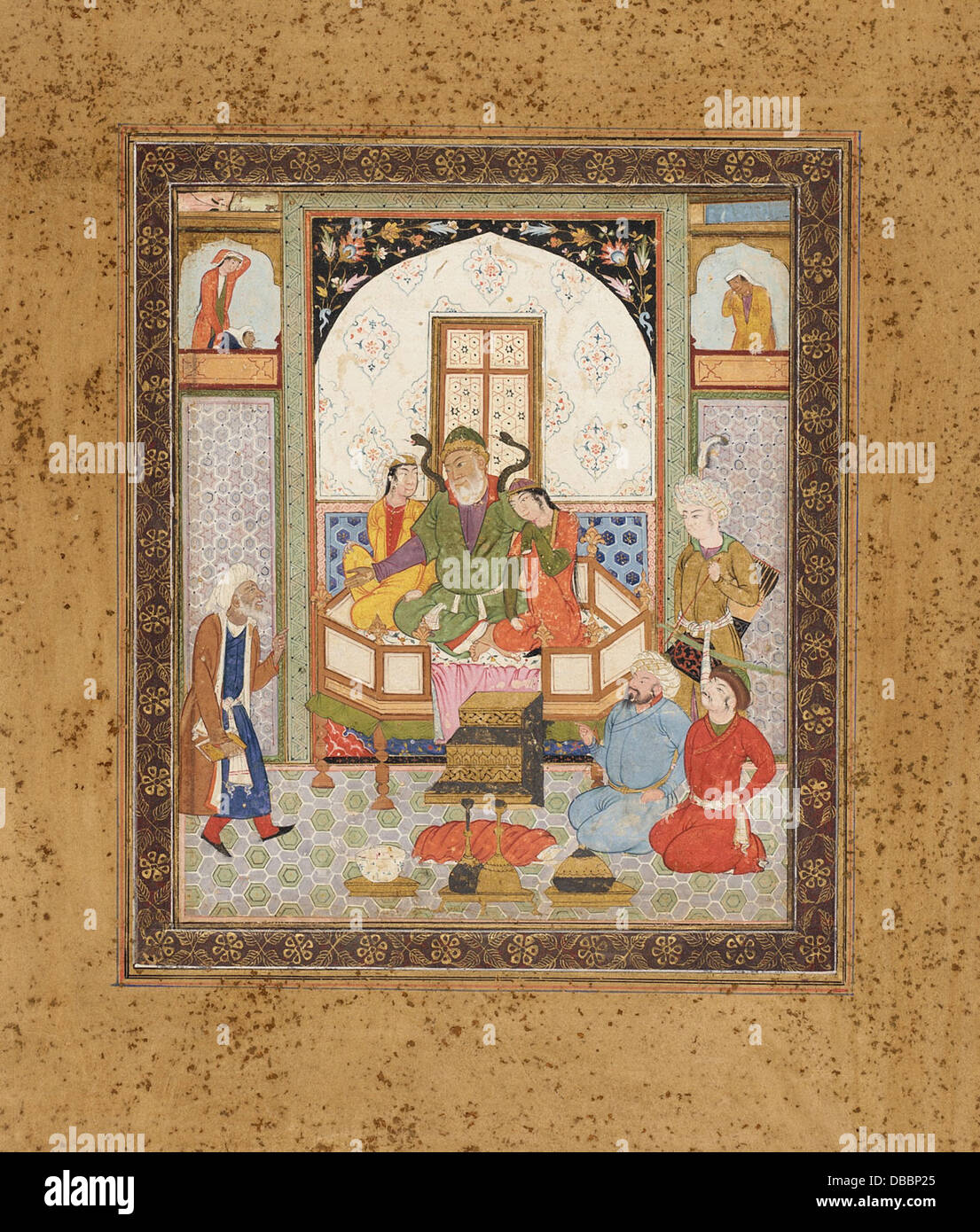 This manuscript page depicts Zahhak, a legendary figure, enthroned with ...