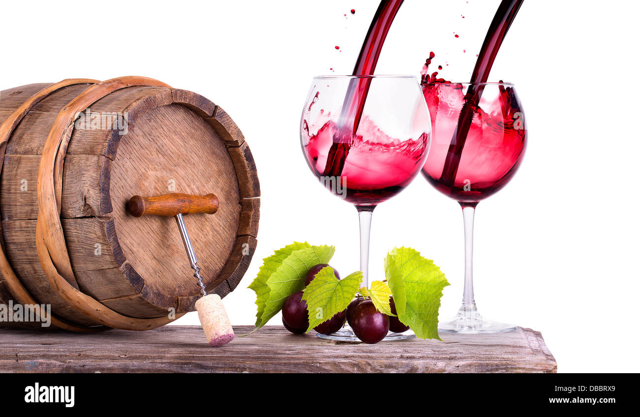 Red wine, glass barrel with grapes over white Stock Photo - Alamy