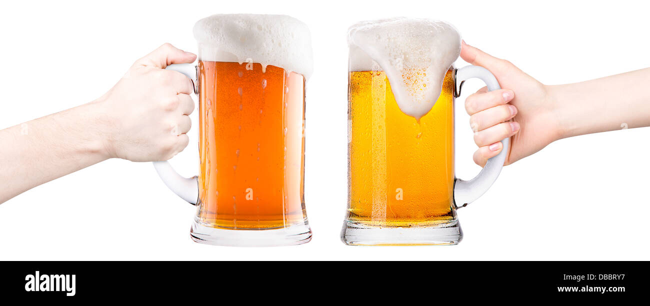 beer with man and woman hand making toast isolated on a white ...