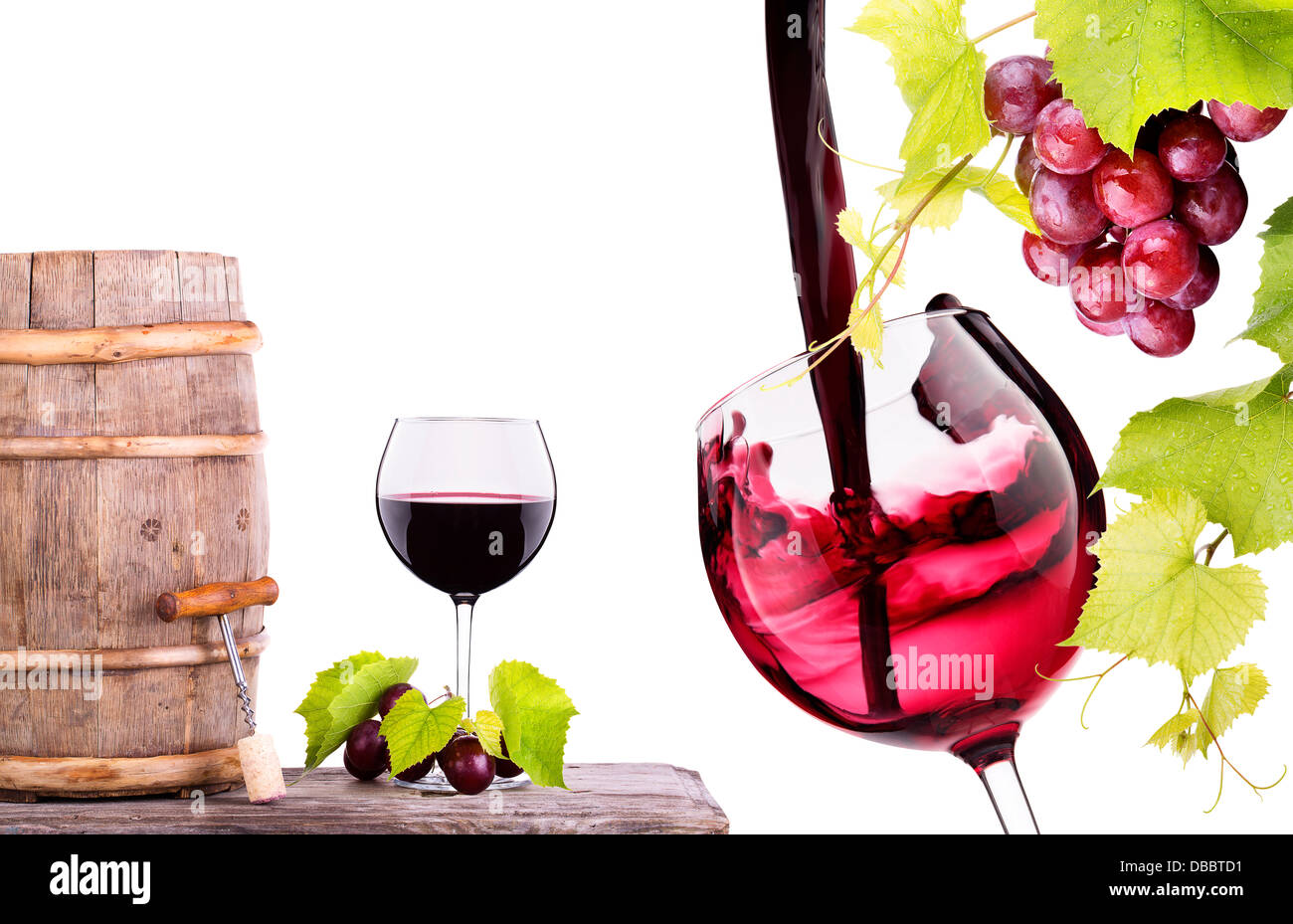 Red wine, glass barrel with grapes hand with glass over white Stock ...
