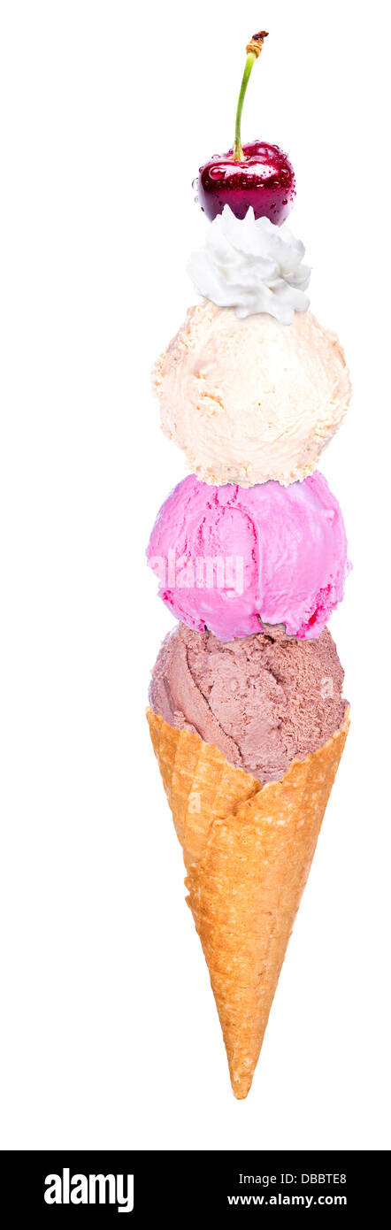 Three scoops of ice creams with cone and cherry on a top isolated ...