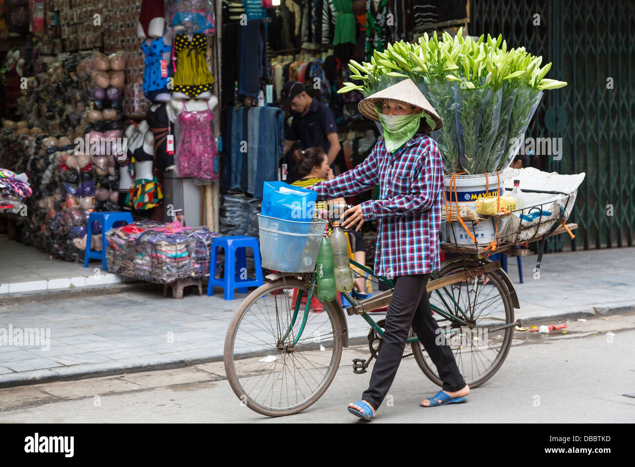 A street vendor selling fresh produce from her bicycle in Hanoi ...