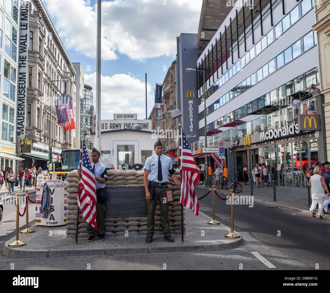 American soldiers and flags at Checkpoint Charlie Border post, Allied ...
