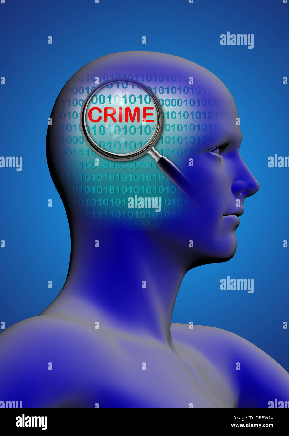 profile of a man with close up of magnifying glass on crime made in 2d ...