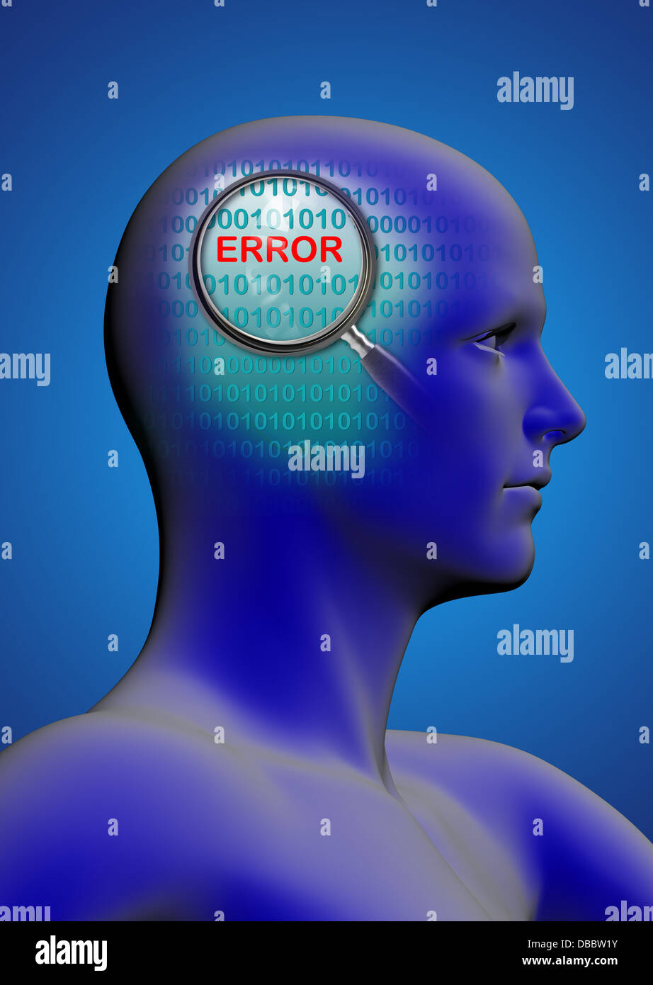 profile of a man with close up of magnifying glass on error made in 2d ...