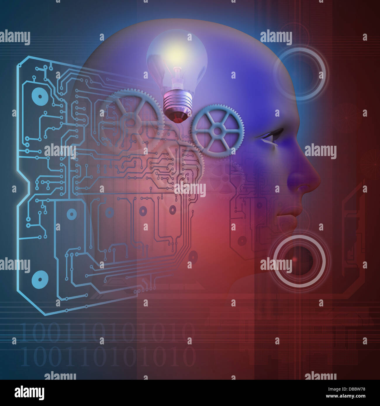 technology background in blue end red and profile of a man with gears ...