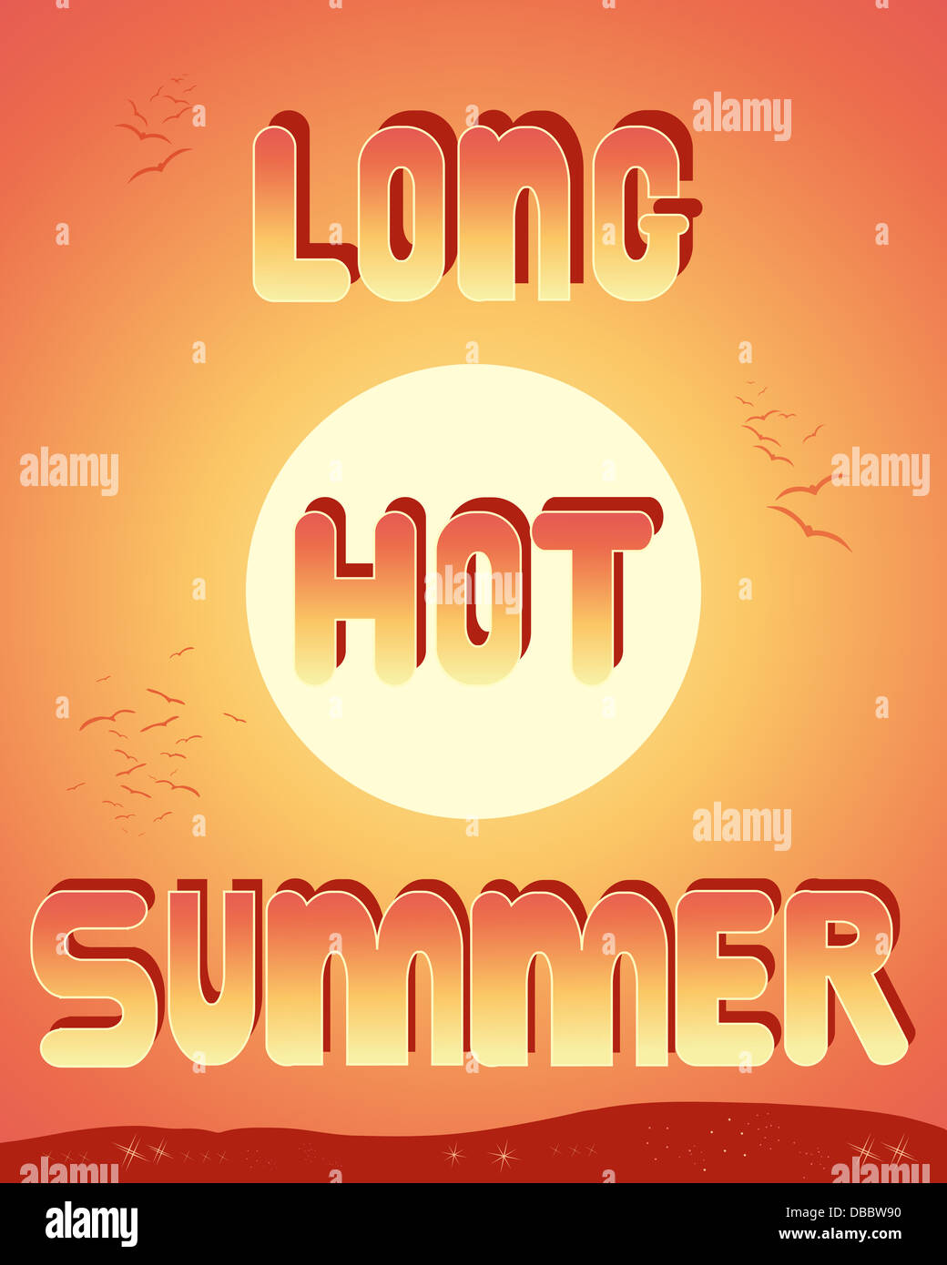 an illustration of the words long hot summer with a hot sunset sky ...