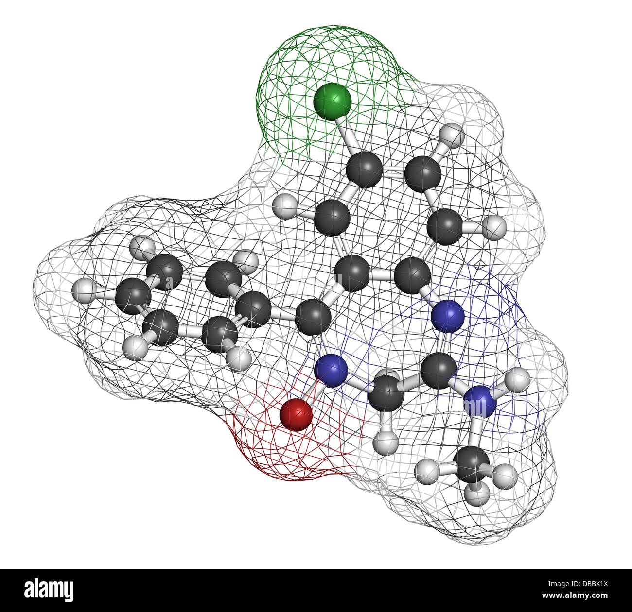 Chlordiazepoxide sedative and hypnotic drug, chemical structure. Atoms ...