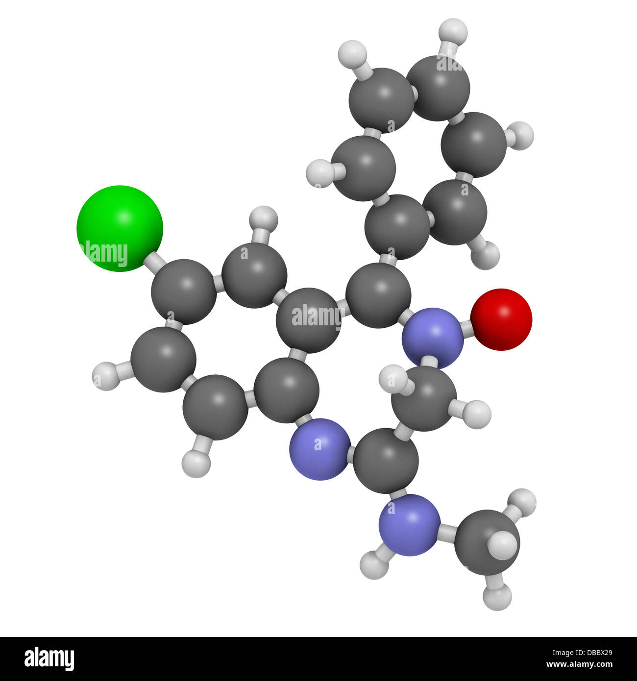 Chlordiazepoxide sedative and hypnotic drug, chemical structure. Atoms ...