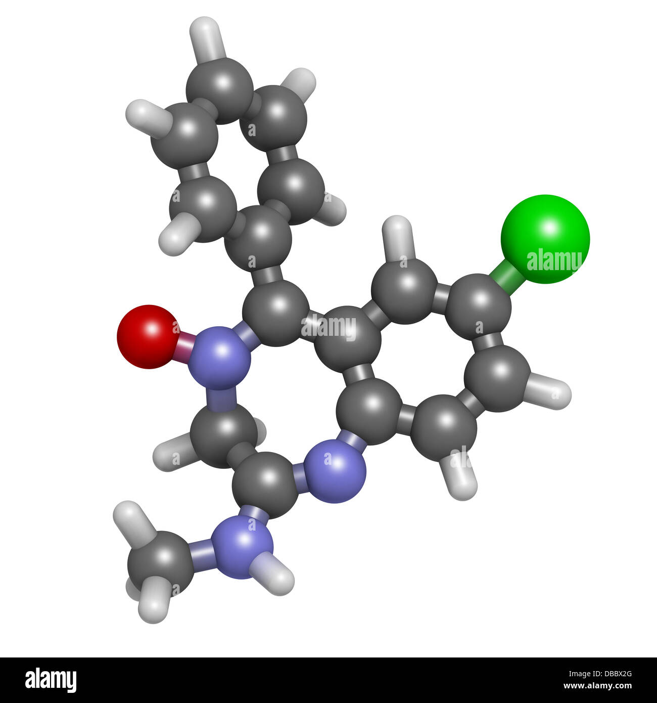 Chlordiazepoxide sedative and hypnotic drug, chemical structure. Atoms are represented as ...