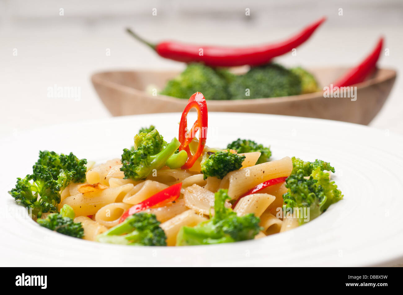 classic Italian penne pasta with broccoli and red chili pepper Stock ...