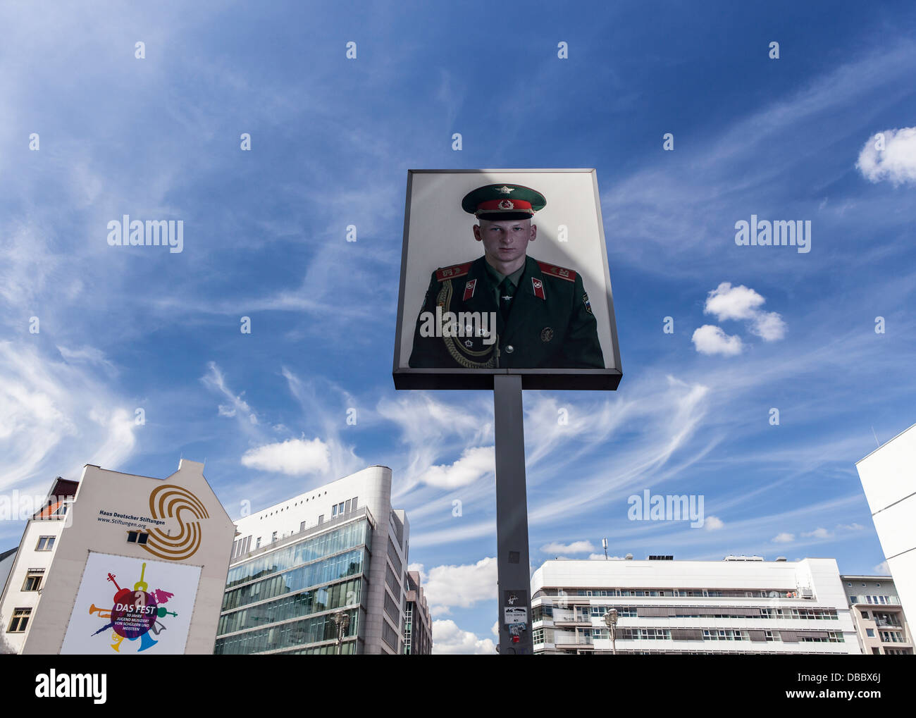 Picture of Soviet soldier in uniform against a blue sky at Checkpoint ...