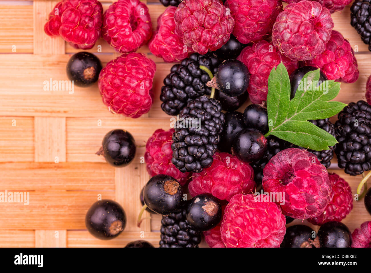 Fresh raspberries, balckcurrents, mulberries on wicker backgound Stock ...
