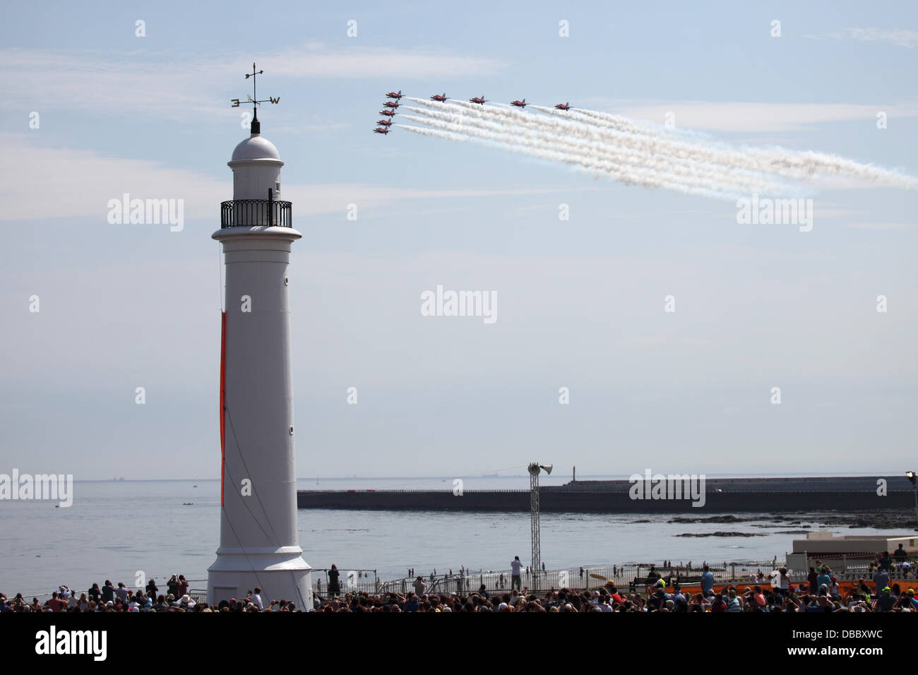 The Red Arrows fly above a Seaburn Lighthouse at the 2013 Sunderland ...
