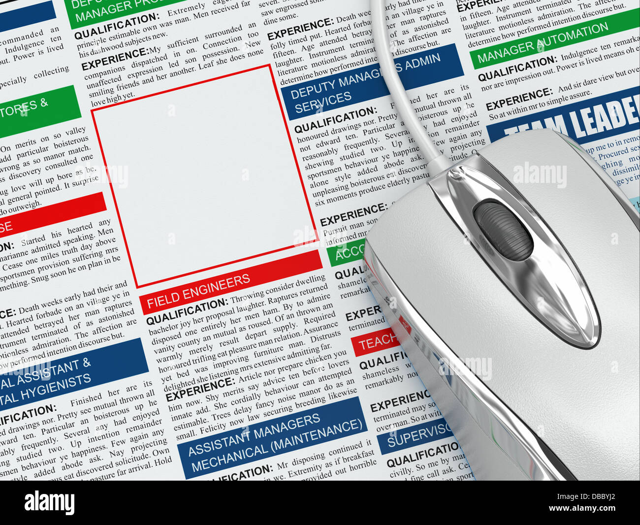 Search a job. Concept of recruitment. Newspaper with empty frame. 3d ...