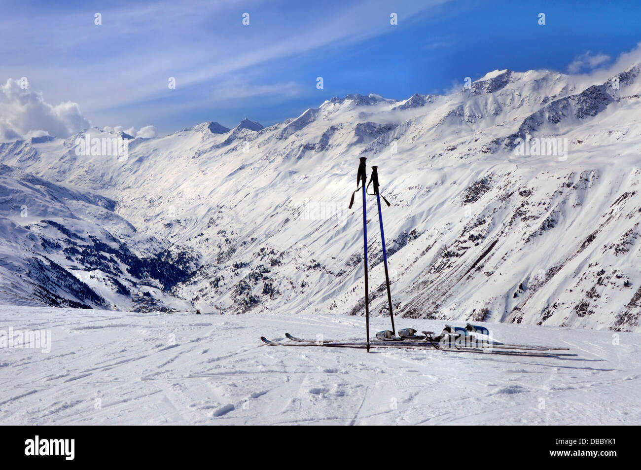 Skis and ski sticks in Hochgurgl ski resort in Otztal Alps, Tirol ...