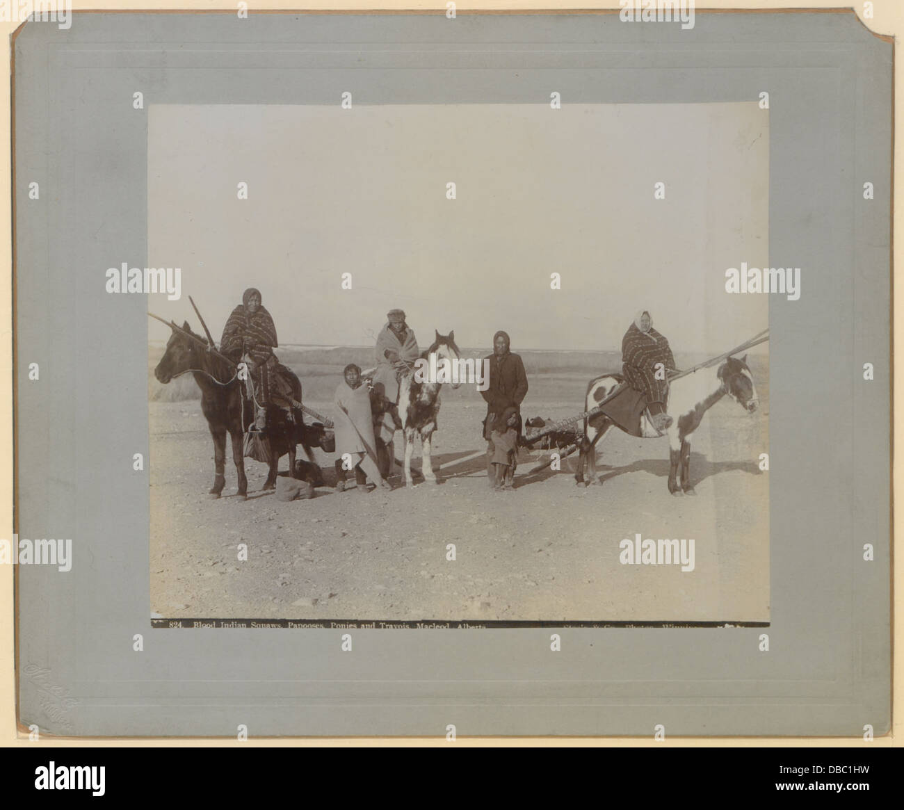 This photograph shows Blood Indian women, children, and ponies with ...