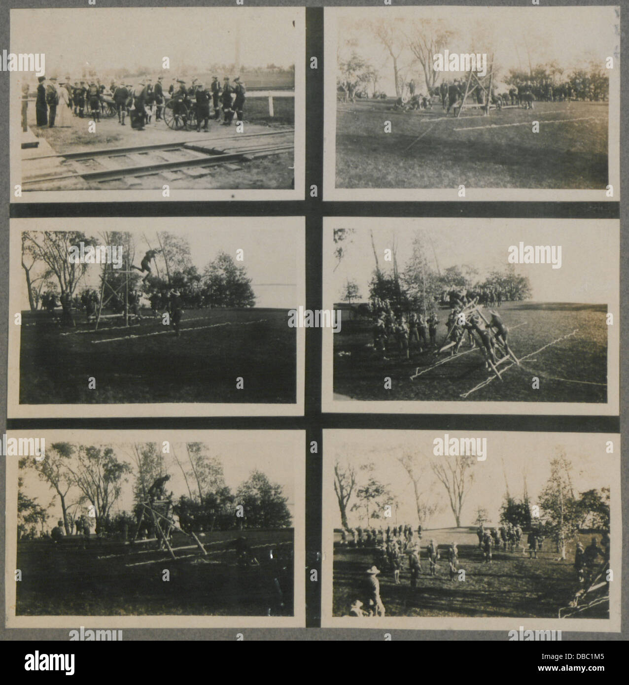 A series of photographs depicting Boy Scouts engaged in bridge-building ...