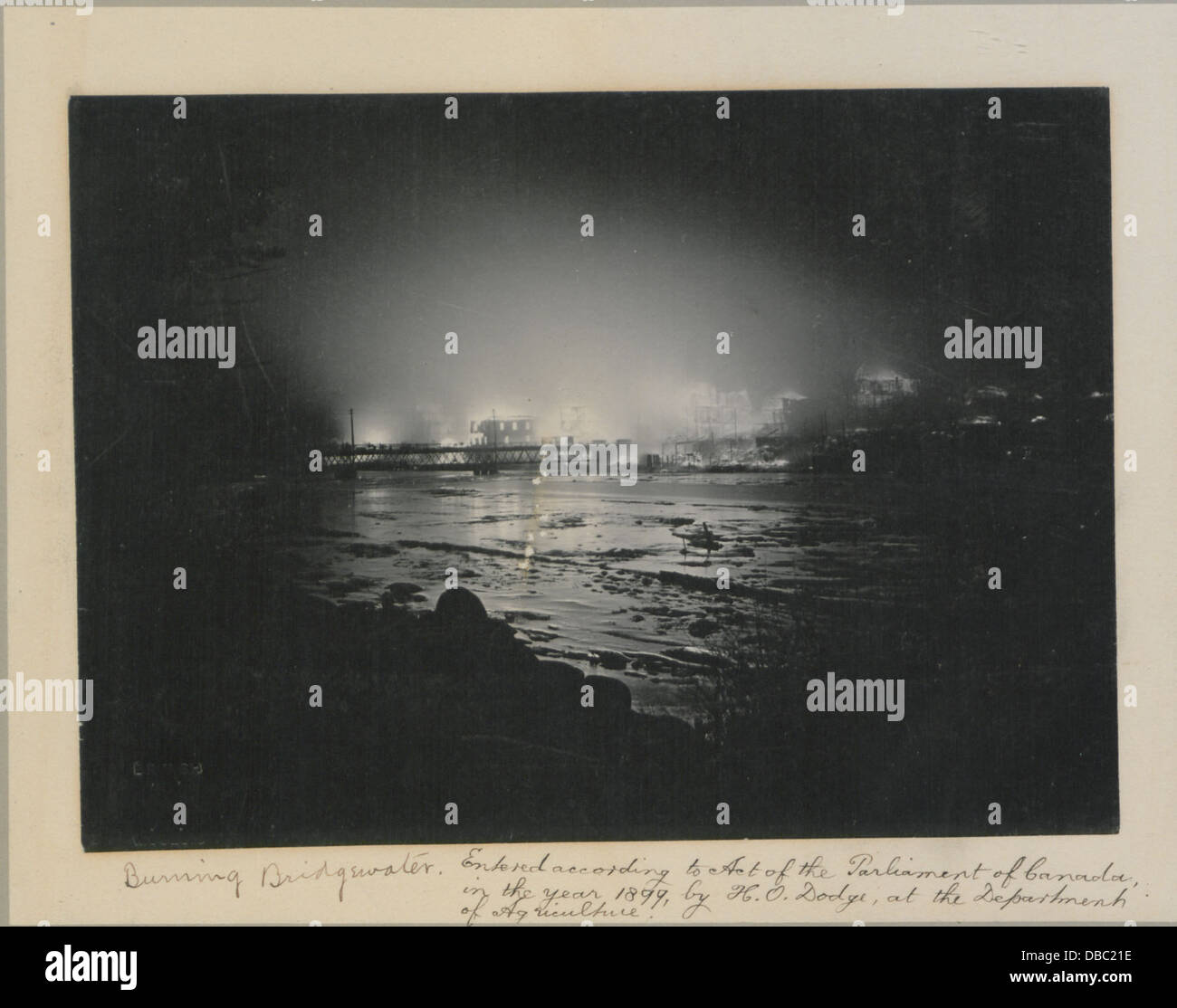 The image depicts the destruction of Bridgewater by fire, showing the ...