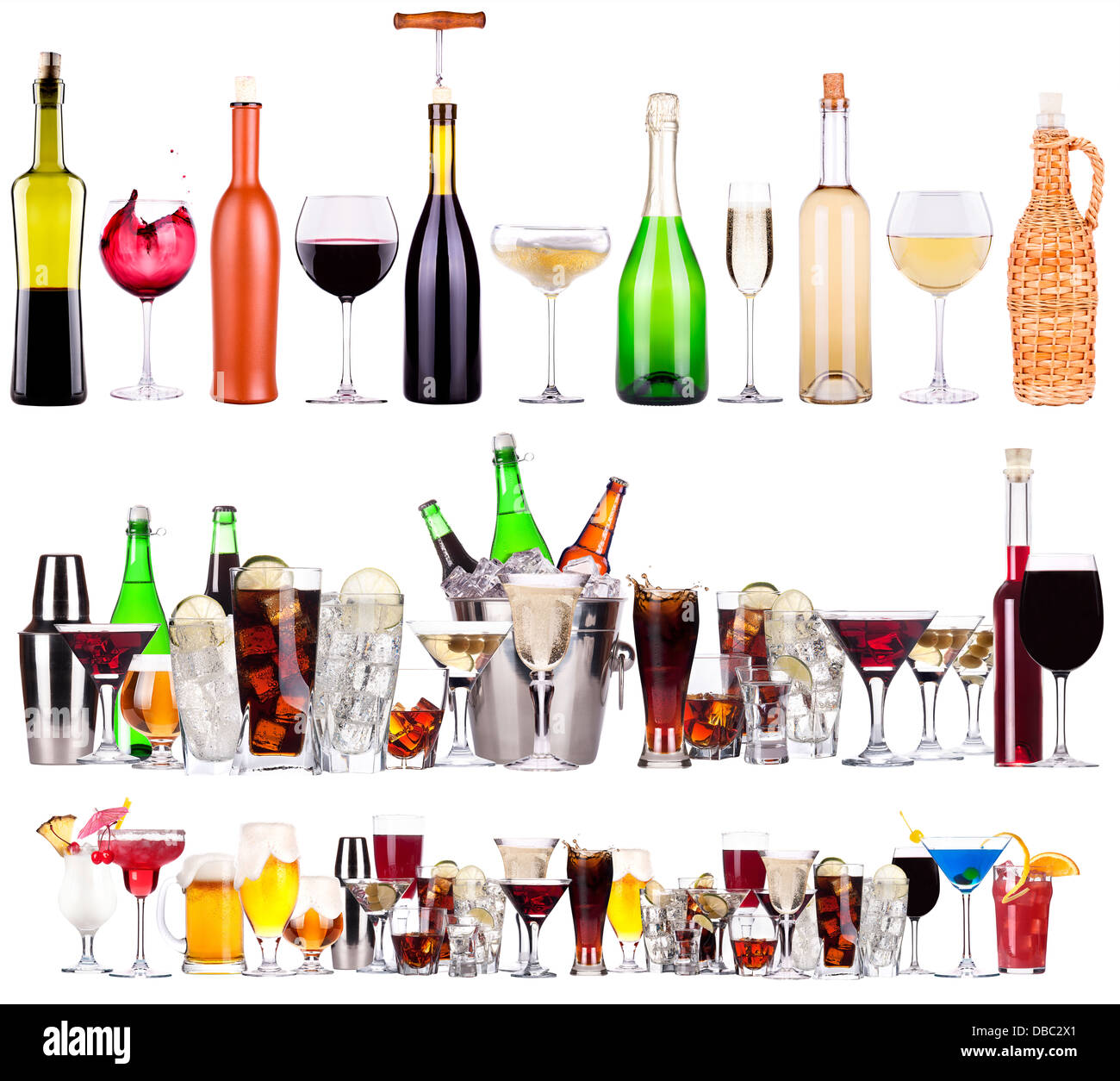 Set of different alcoholic drinks and cocktails - beer,martini,soda ...