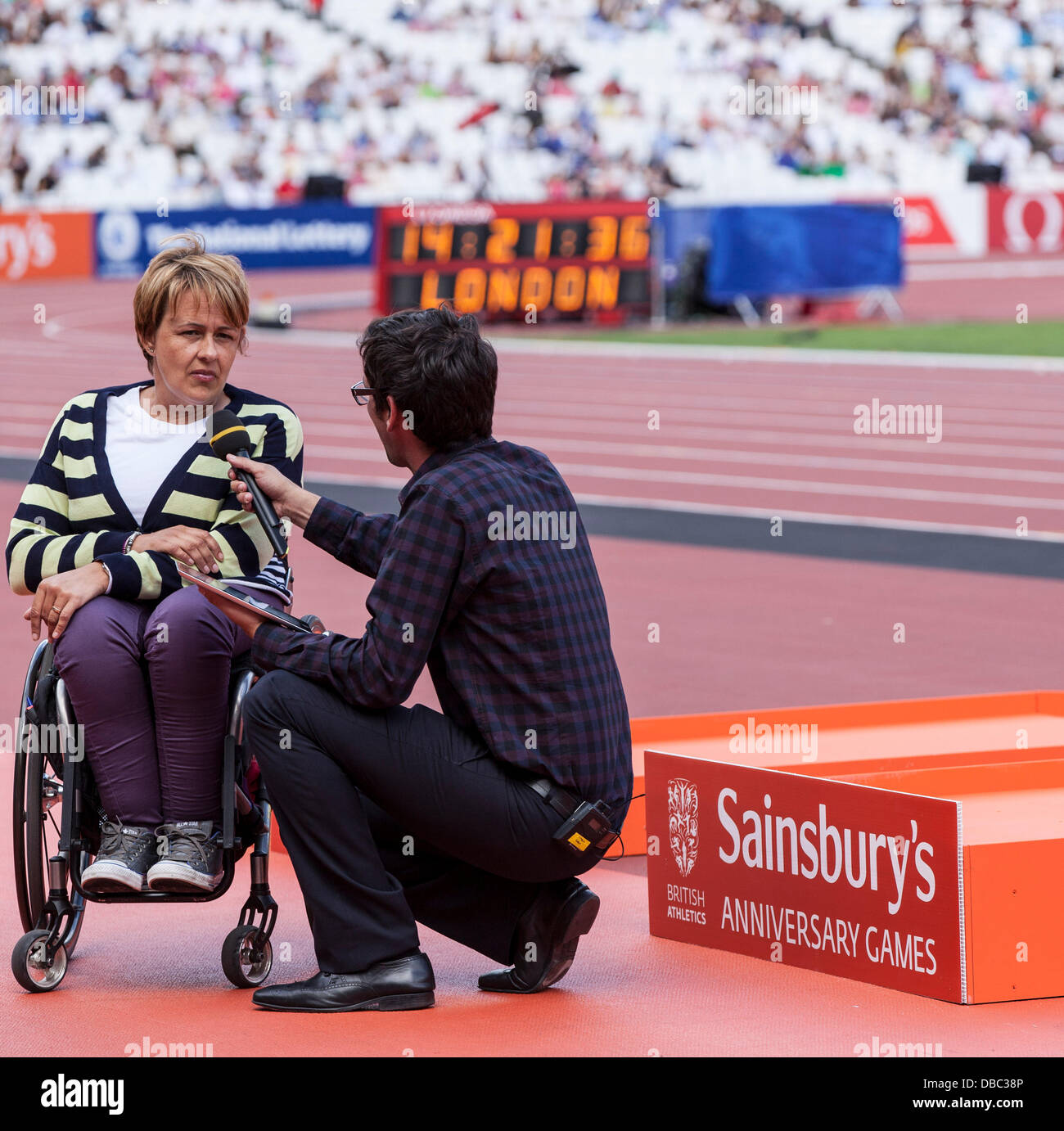 London, UK. 28th July, 2013. Tanni Grey-Thompson being interviewed at ...