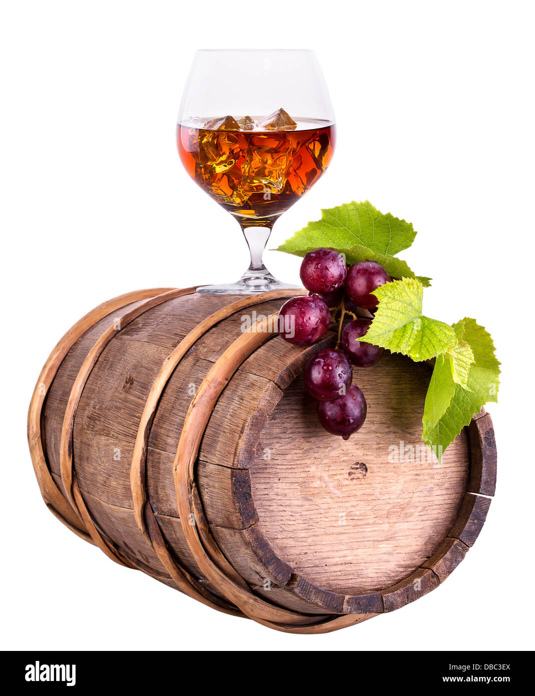 Cognac or brandy on a wooden vintage barrel with white background Stock ...