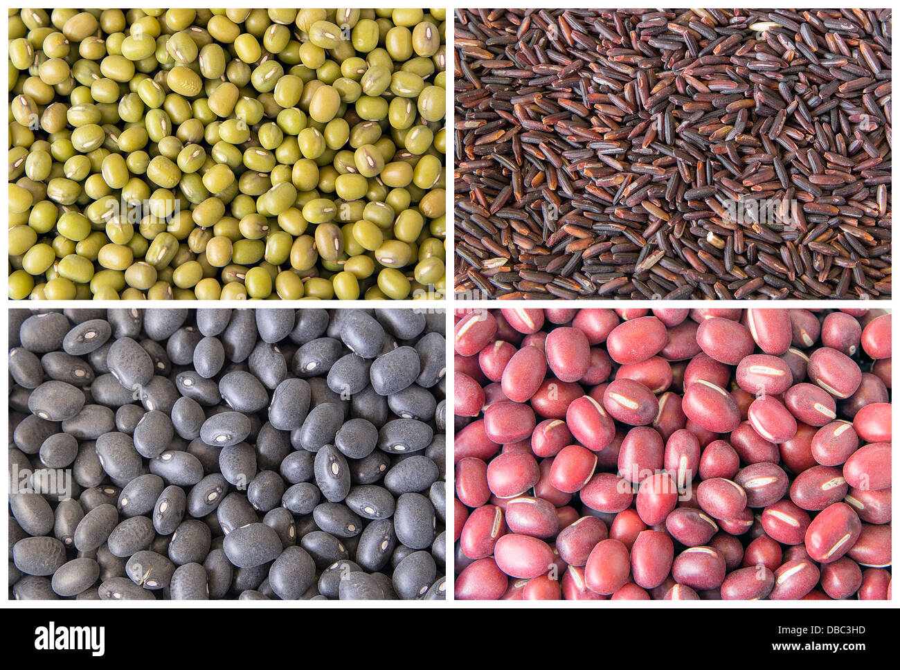 Red Green Black Beans and Glutinous Black Rice Grain Closeup Collage ...