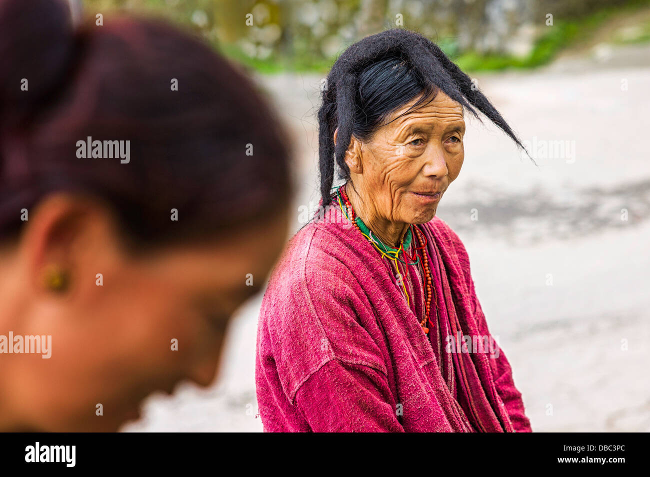 Woman from the Monpa tribe wearing hat made from yak hair in Tawang ...