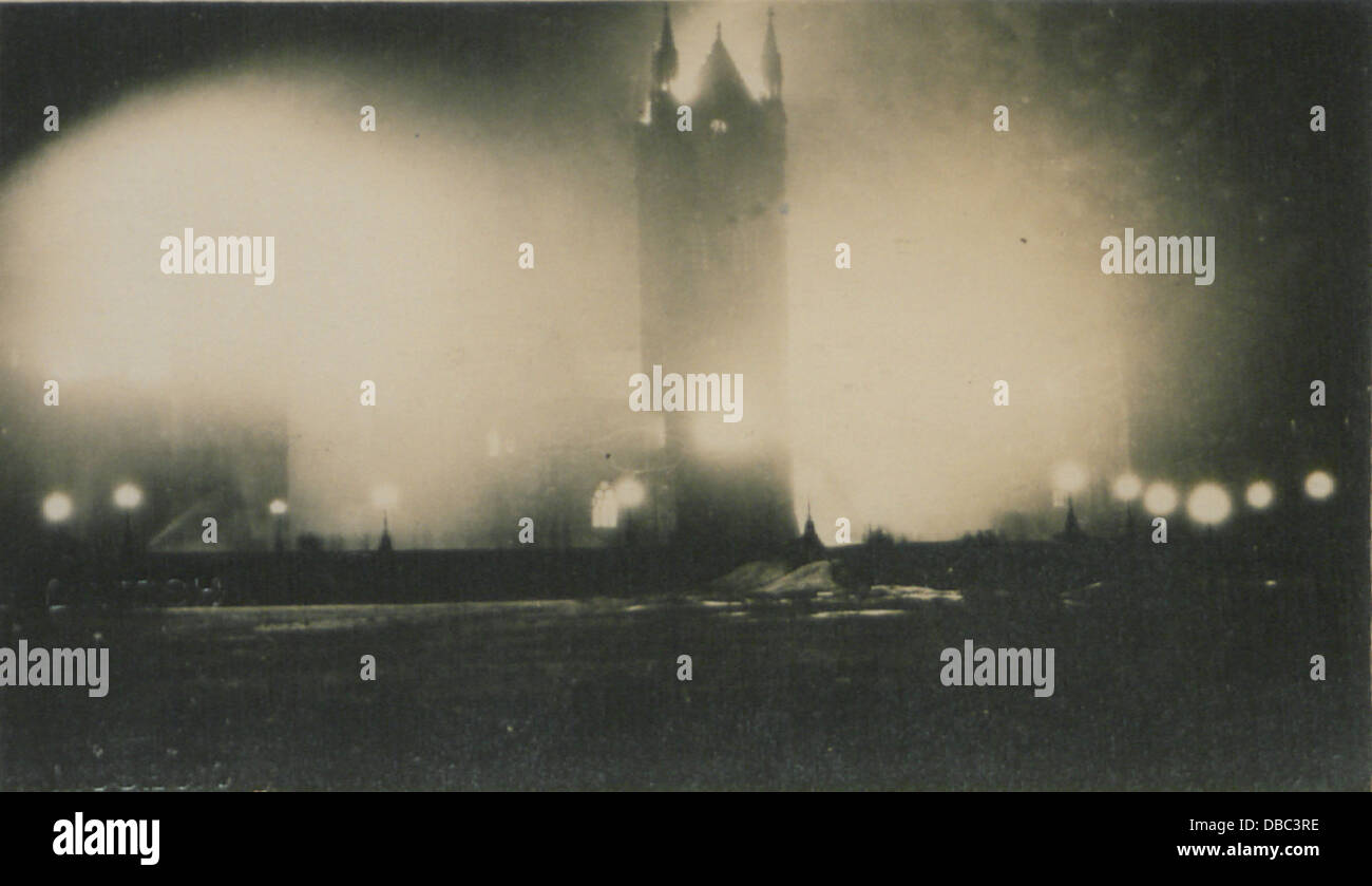 A photograph documenting the destruction of the Parliament Buildings ...