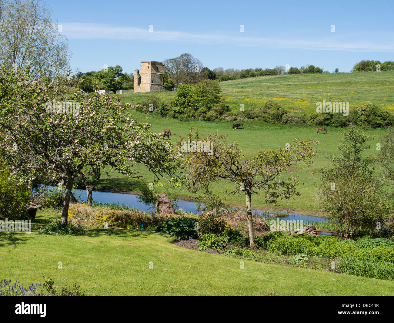 Castle, and River Derwent at Ayton near Scarborough, N. Yorkshire, UK ...