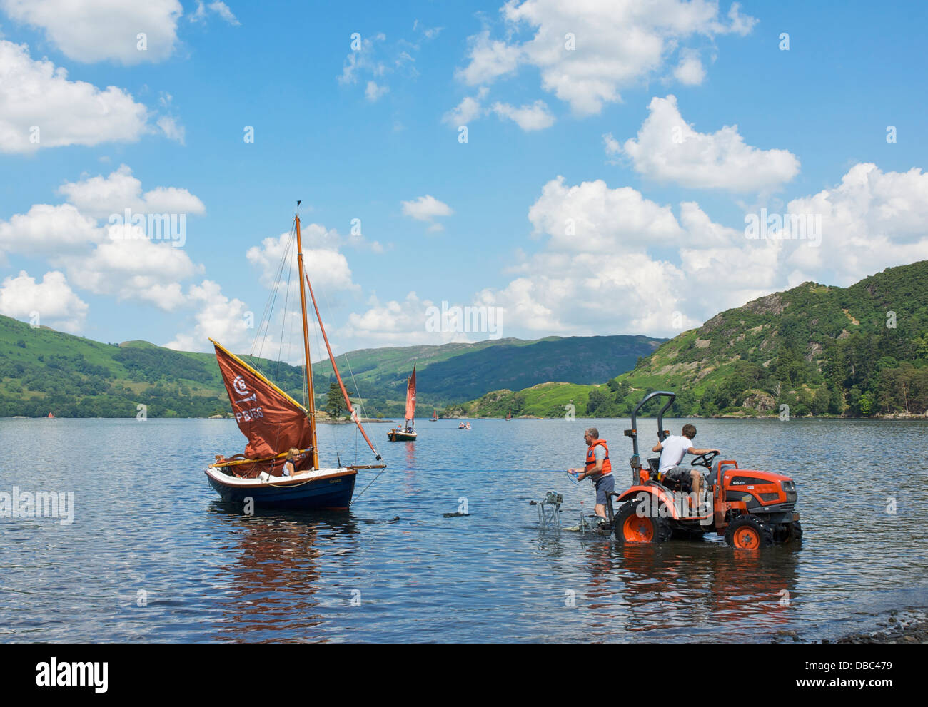 Launching a sailing boat, with tractor, Ullswater, Lake District ...