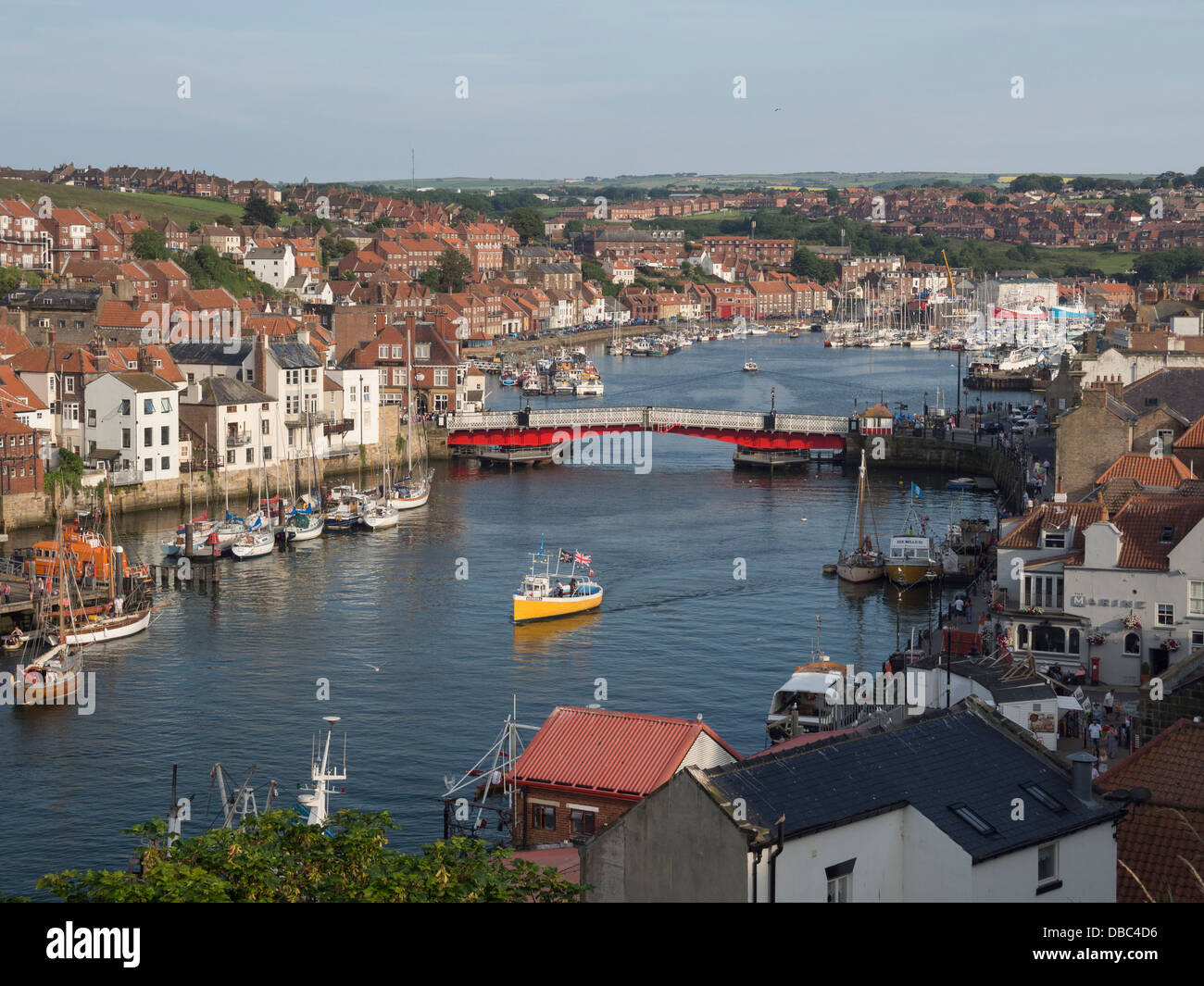 Whitby Yorkshire UK swing bridge and harbour from West Cliff Stock ...