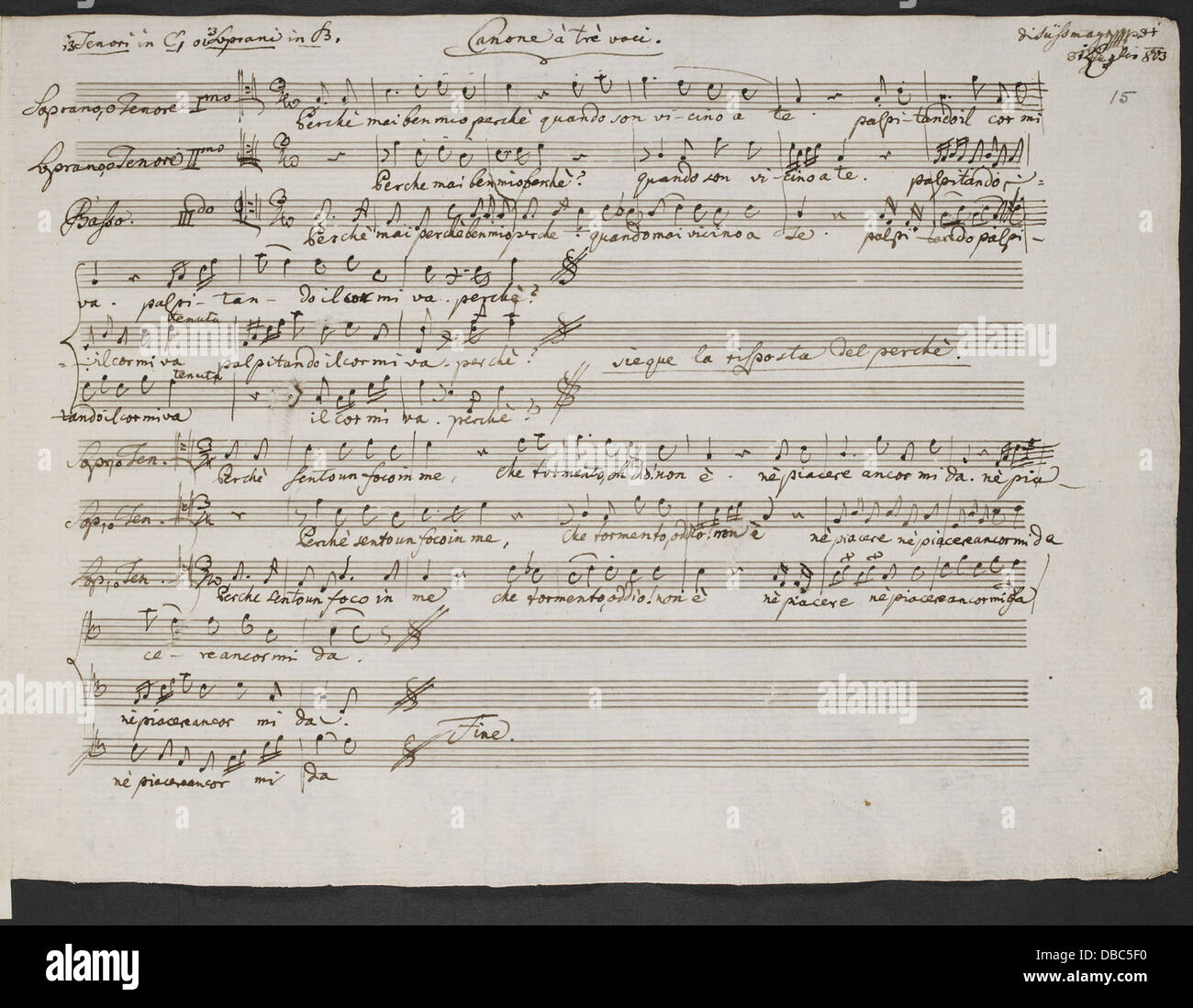 A manuscript of Franz Xaver Sussmayr's composition 'Perché mai ben mio ...