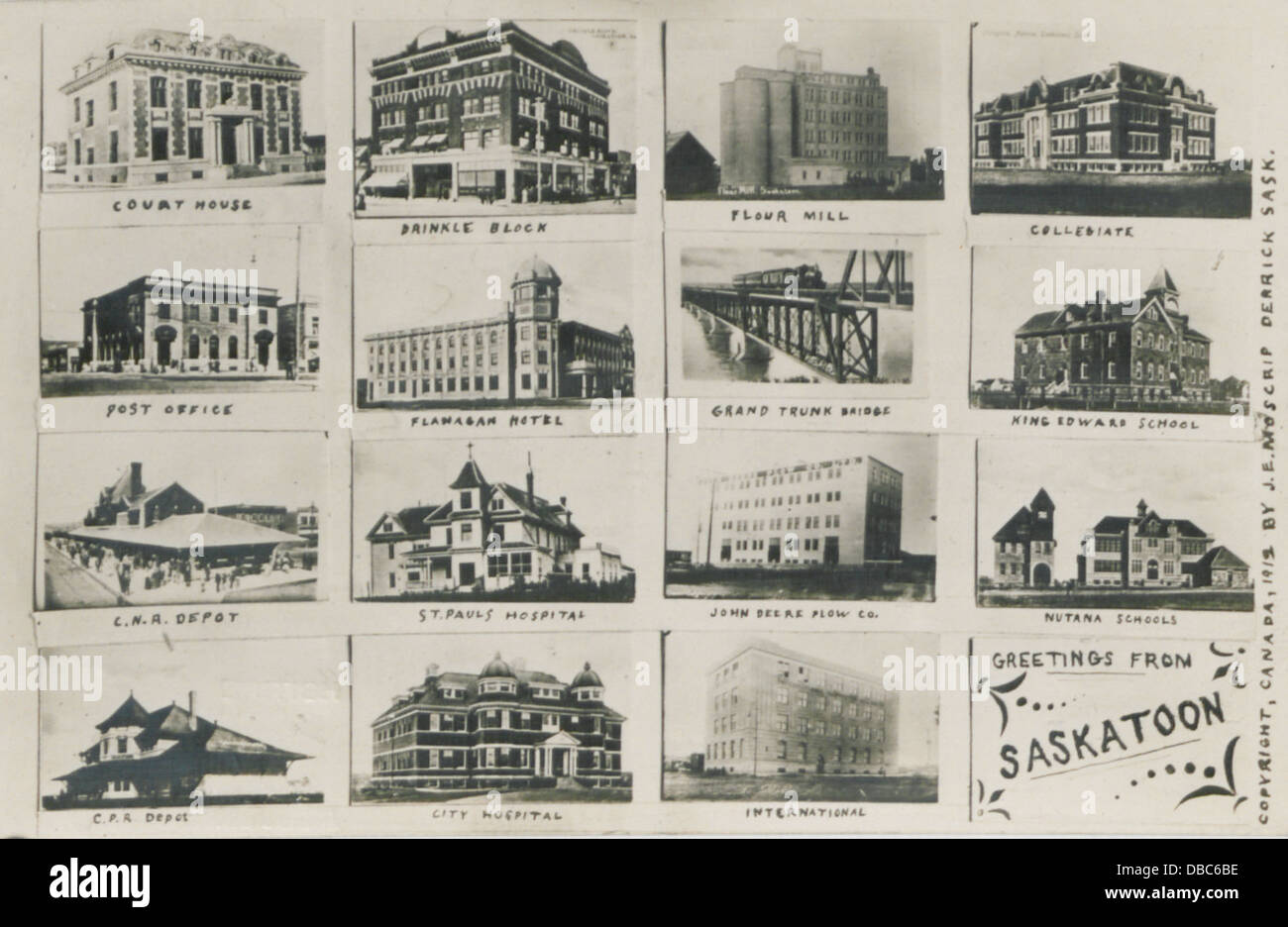 This image is a postcard-style greeting from Saskatoon, showcasing the ...