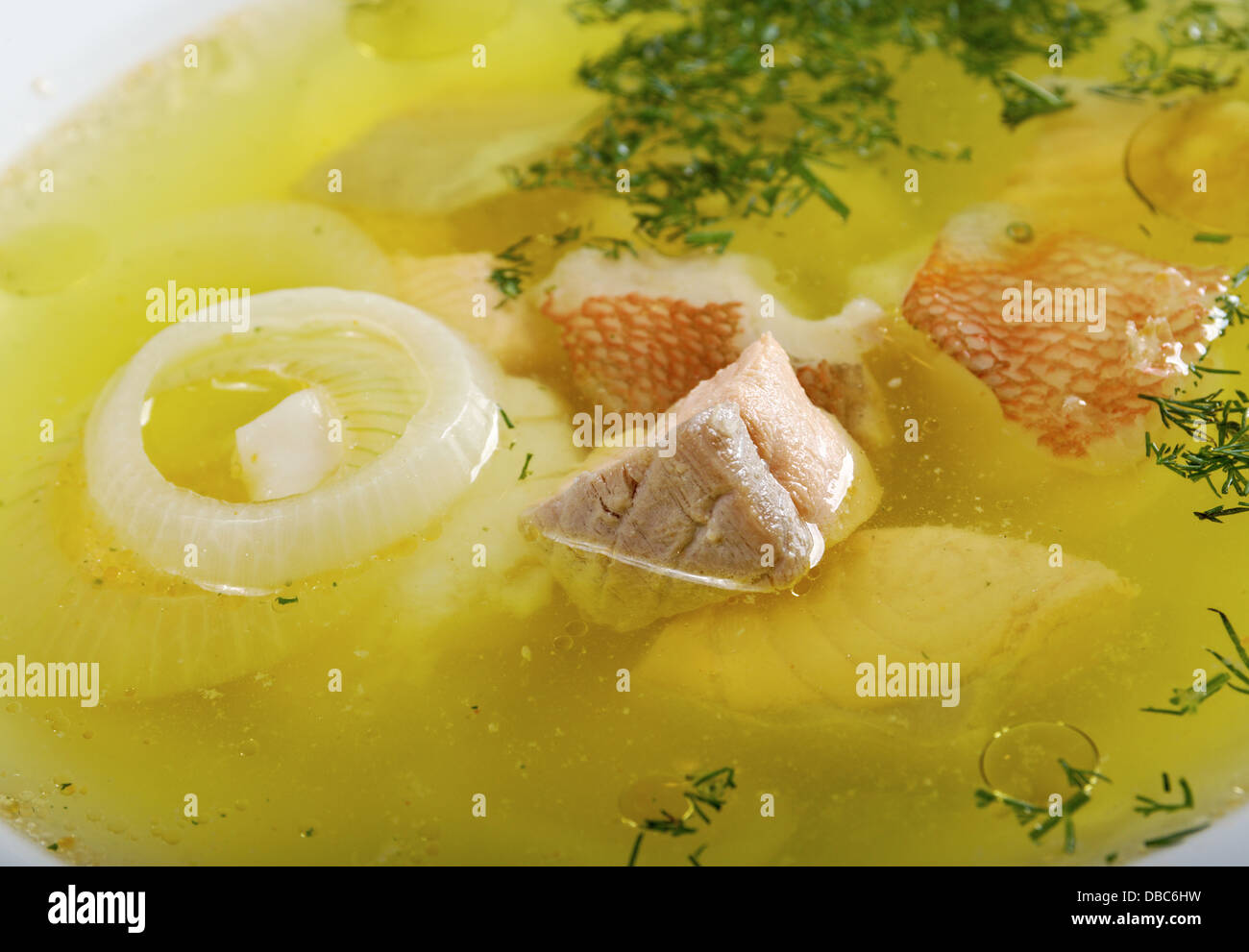 Ukha with sterlet , salmon . Russian homemade traditional fish soup ...