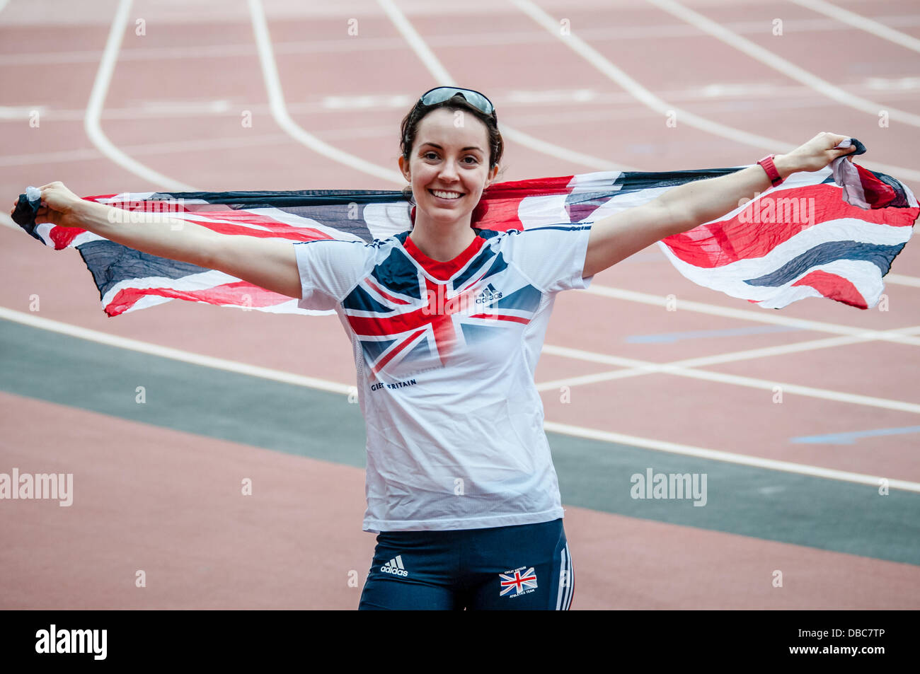 Stefanie Reid celebrates after the long jump at the Sainsbury’s ...