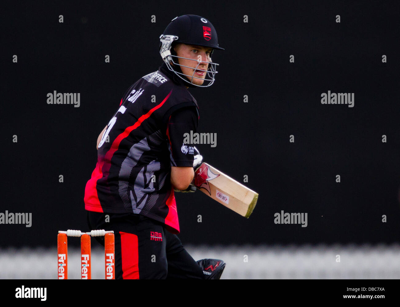 Leicester, UK. Sunday 28th July 2013. Portrait of Josh Cobb batting ...