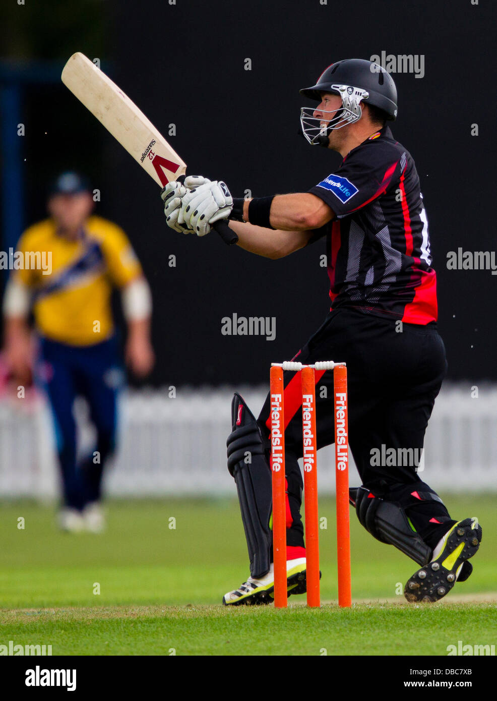 Leicester, UK. Sunday 28th July 2013. Leicestershire's Greg Smith pulls ...