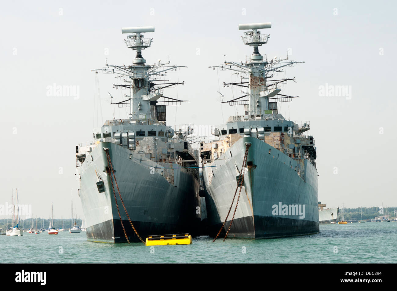 Royal Navy frigates at anchor in Portsmouth Harbour. Decommissioned ...