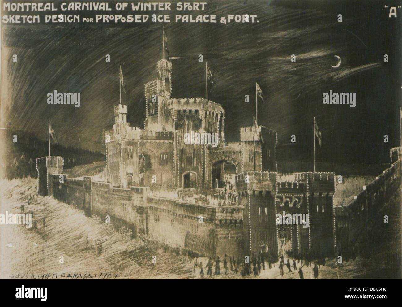 A photograph showing an ice palace and fort during the day, built as ...