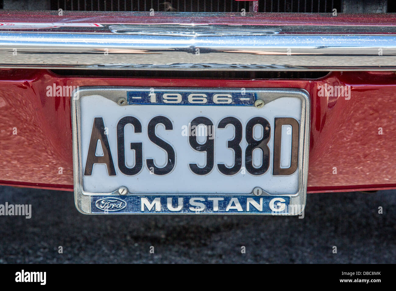 28/07/2013 American licence plate of a 1966 ford mustang at the finish ...