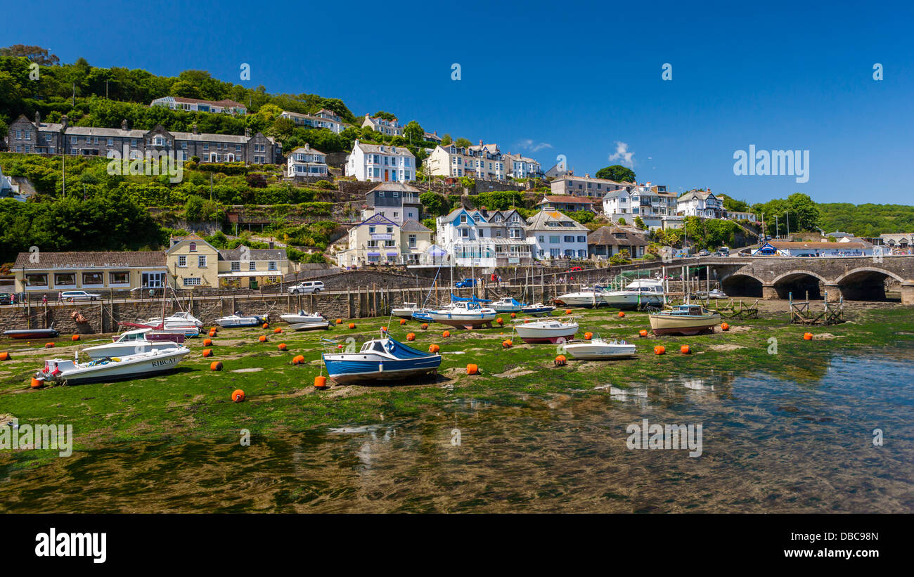 Fishing boats and sailing yachts moored in Looe harbour during low tide ...
