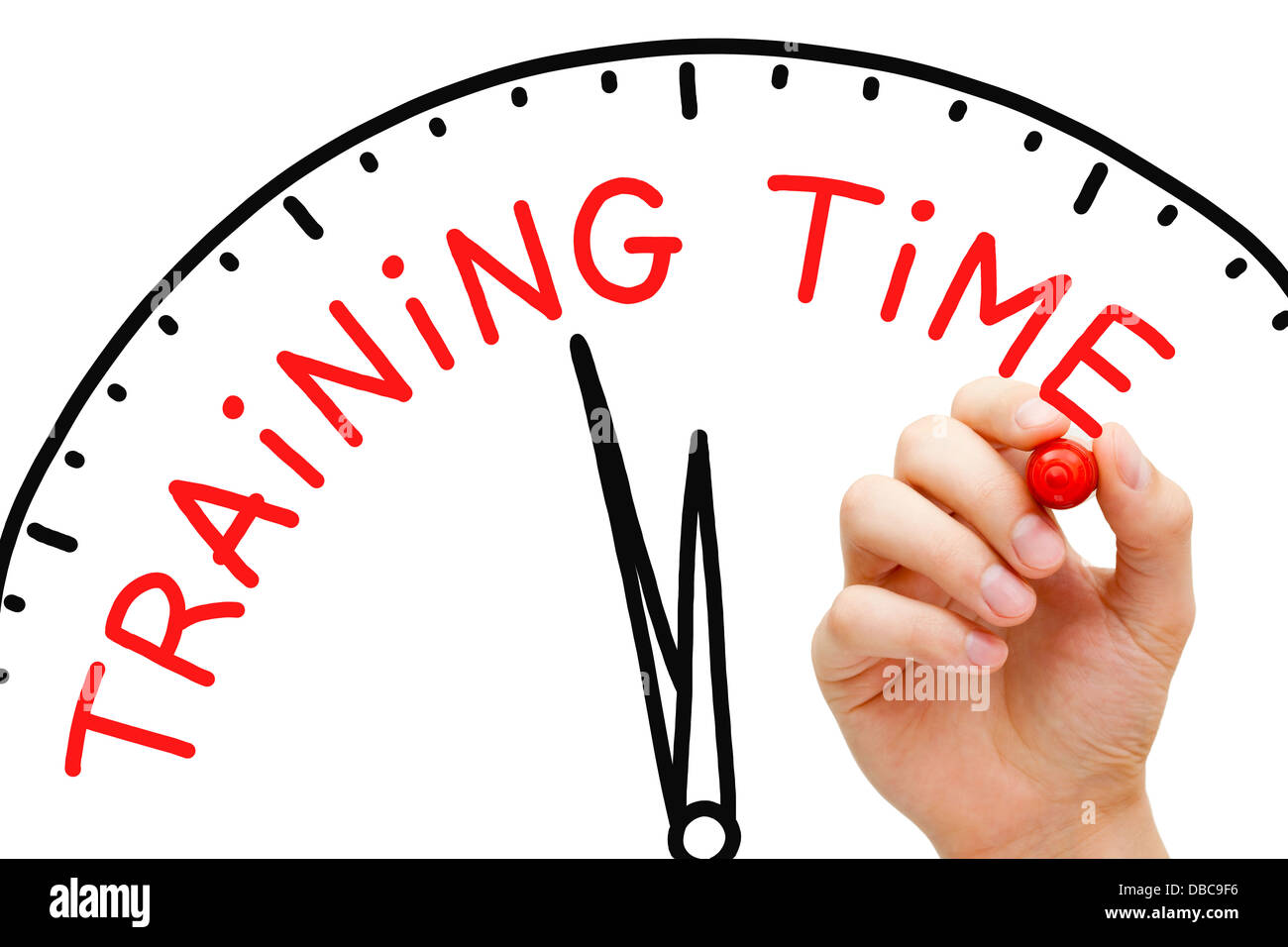 Hand writing Training Time concept with red marker on transparent wipe ...