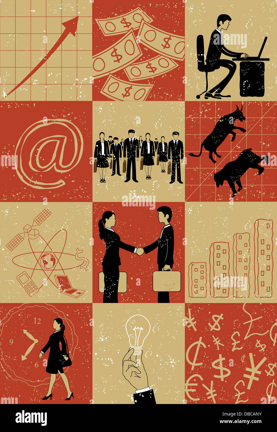 Illustration of collage with business people and signs representing ...