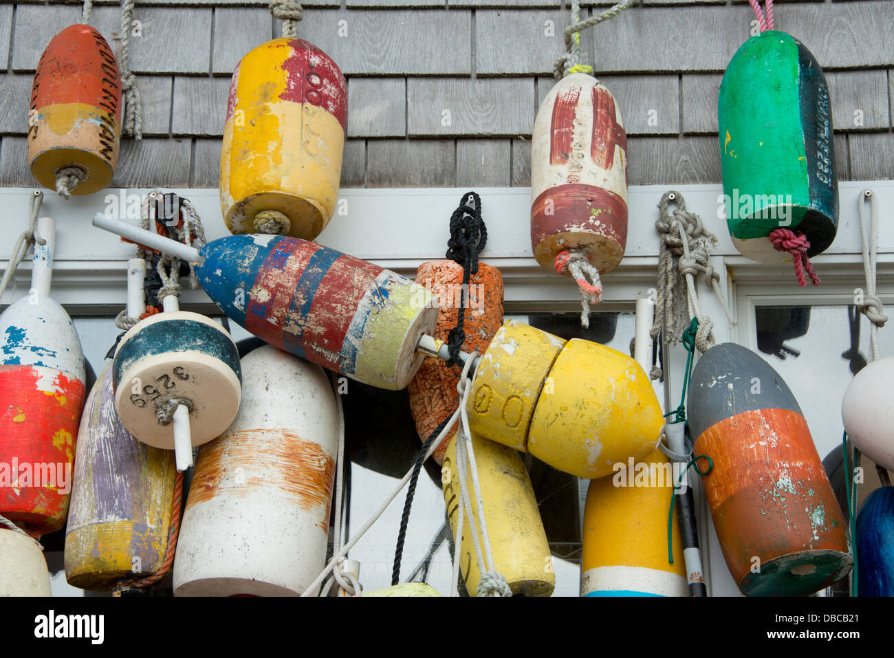 Rhode Island, Block Island. Collection of colorful fishing buoys ...
