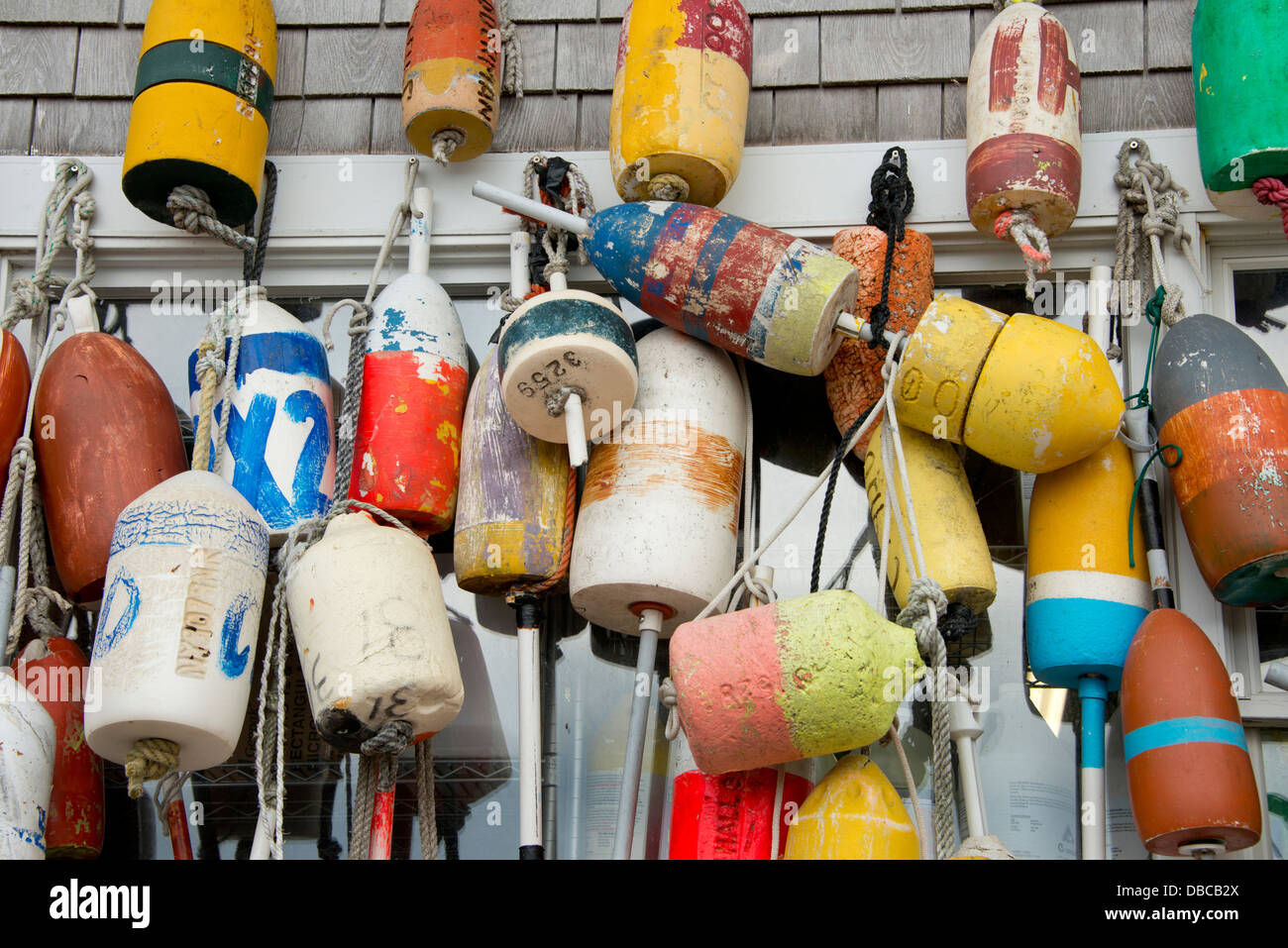 Rhode Island, Block Island. Collection of colorful fishing buoys ...