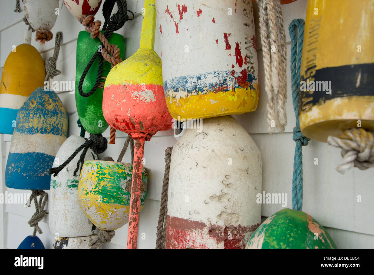 Rhode Island, Block Island. Collection of colorful fishing buoys ...