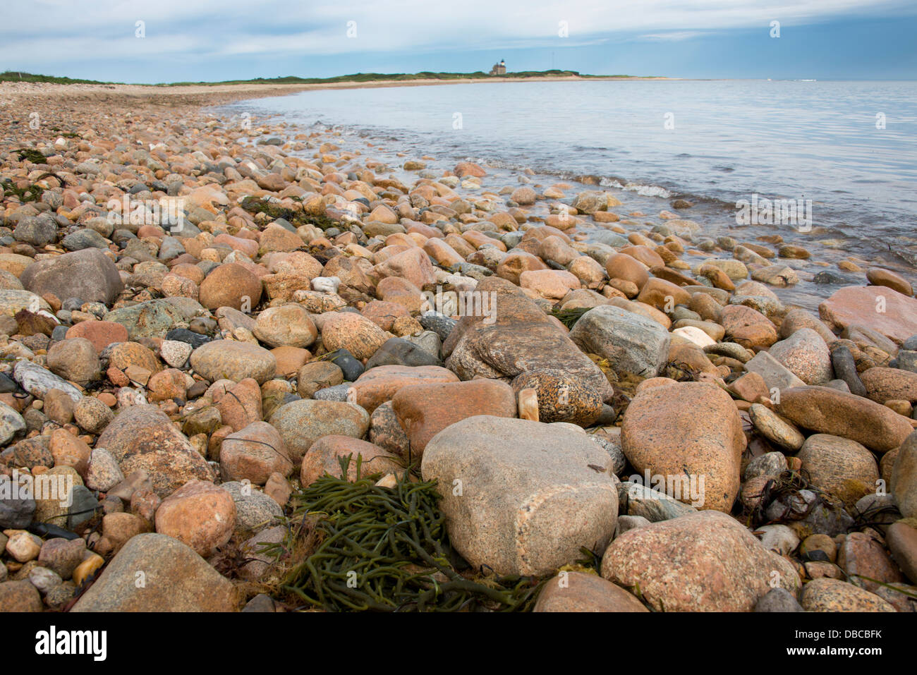 Rhode Island, Block Island, Sandy Point. Rocky shoreline with historic ...