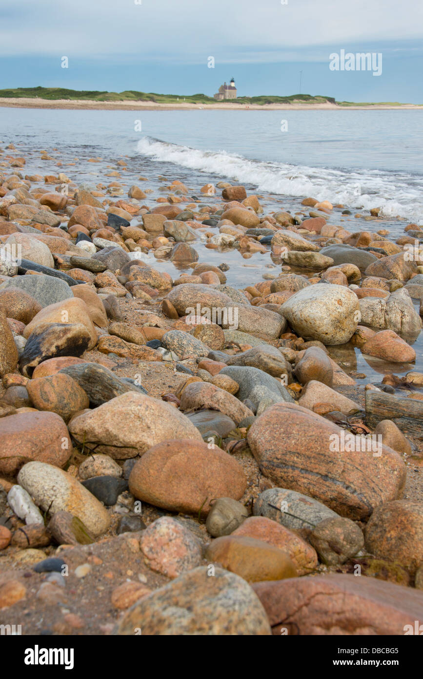 Rhode Island, Block Island, Sandy Point. Rocky shoreline with historic ...