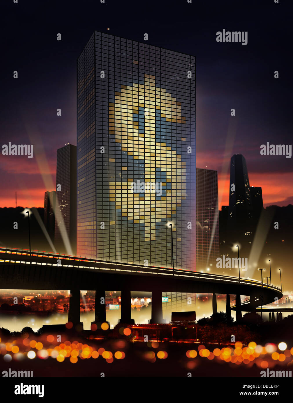 Illustrative image of dollar sign on building at night representing ...
